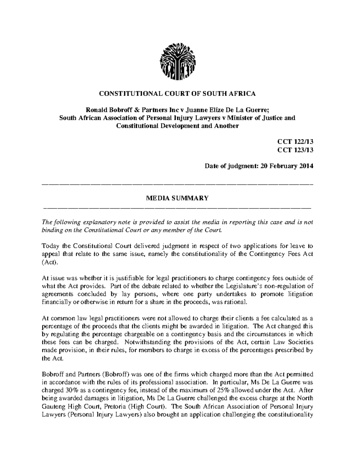 Bobroff & De La Guerre Case Summary (CCT 122/123) Analysis - Studocu