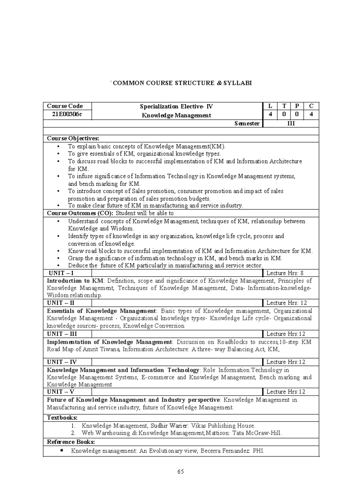 Knowledge Management Syllabus - Course Code 21E00306c - Specialization ...