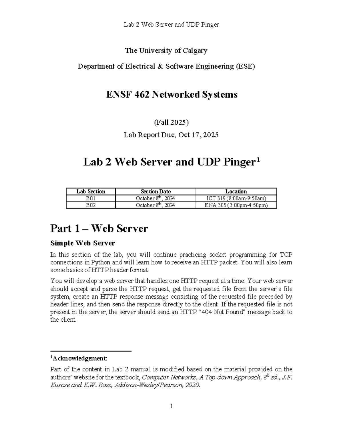Lab 2 Report: Web Server & UDP Pinger - ENSF 462 (Fall 2025) - Studocu