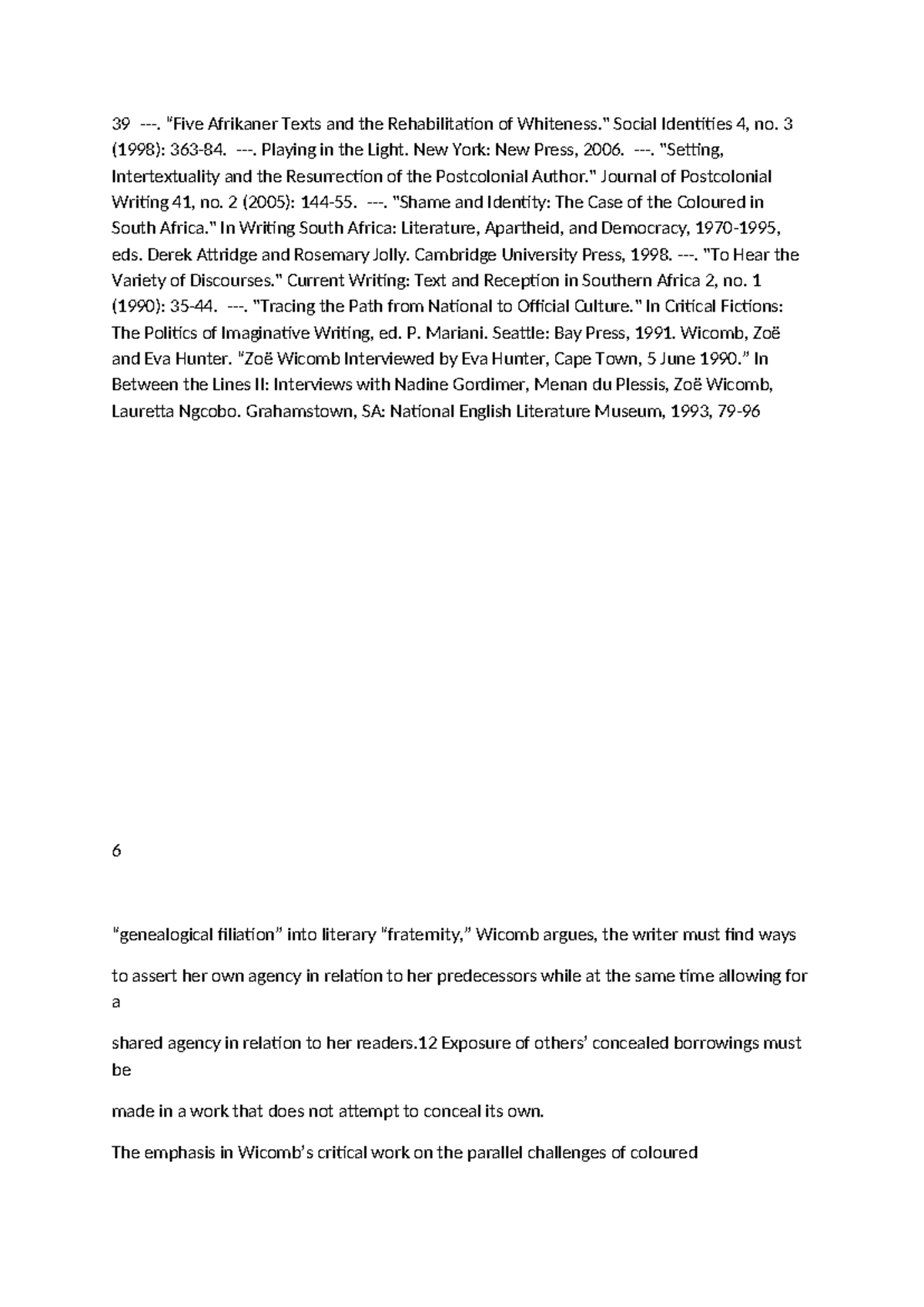 ENLL 111 Self Practice for Test: Exploring Intertextuality in Wicomb's ...