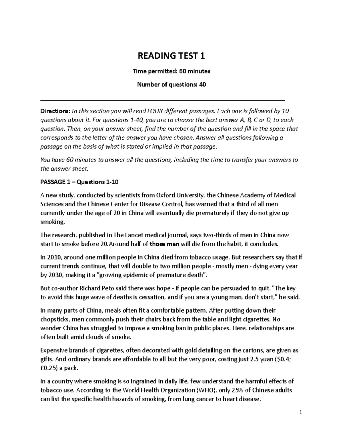 REVISED READING TEST 1: Comprehensive Questions and Passages Analysis ...