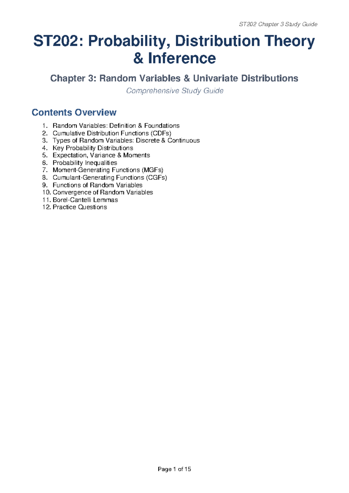 ST202 Chapter 3 Study Guide: Random Variables & Distributions - Studocu