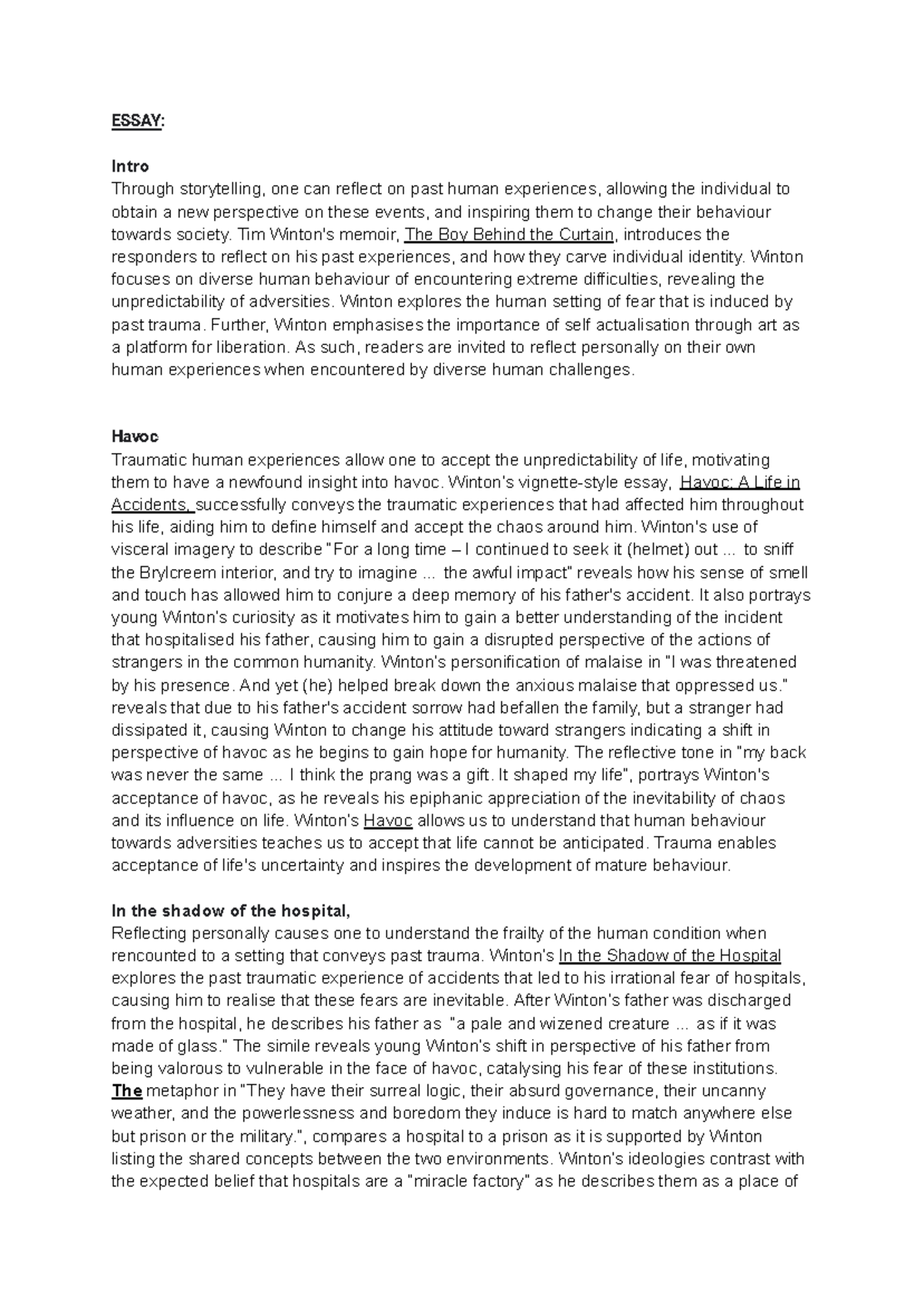 ENG101 Tim Winton Essay: Exploring Identity and Trauma Through Art ...