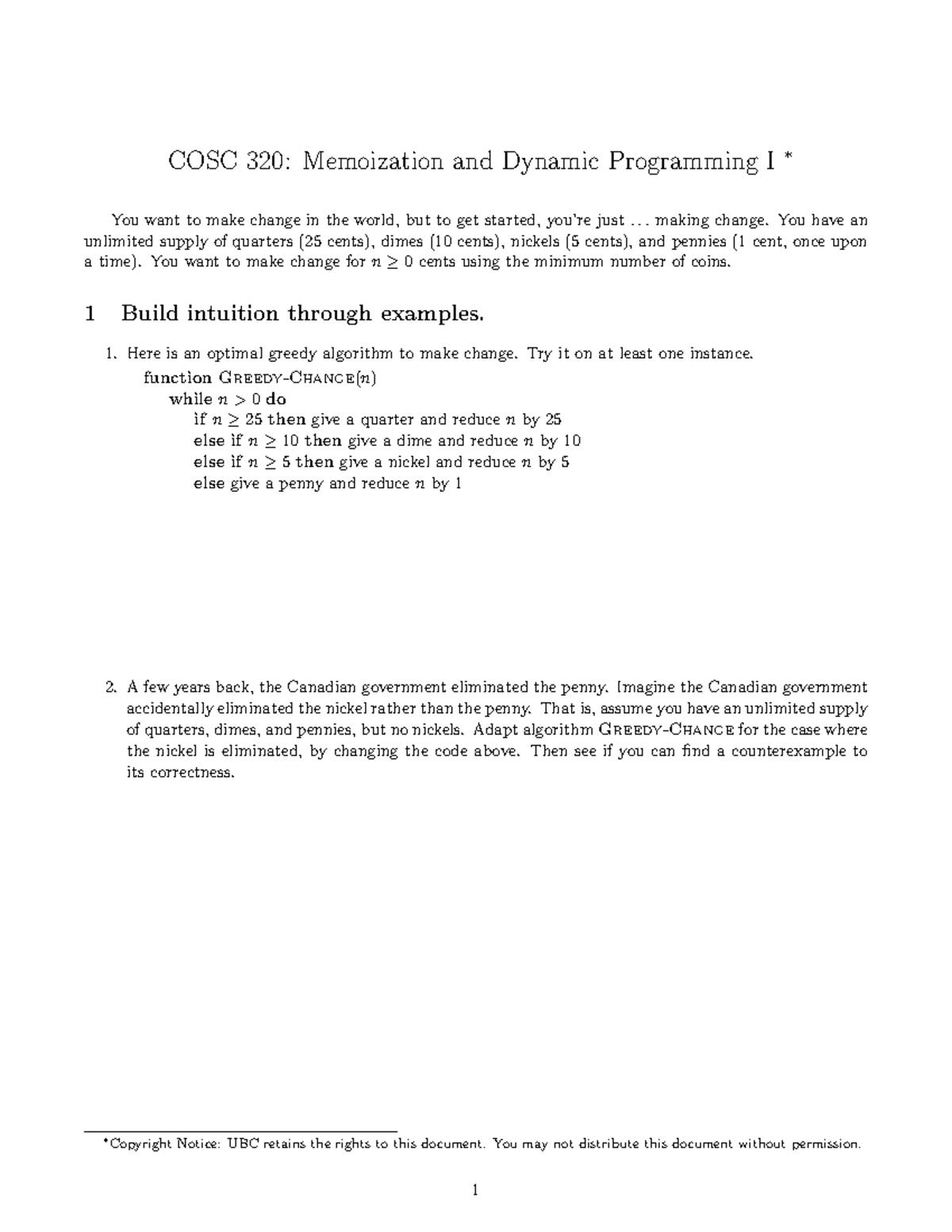 09-dp-change - Worksheet 9 on dynamic programming - COSC 320 ...