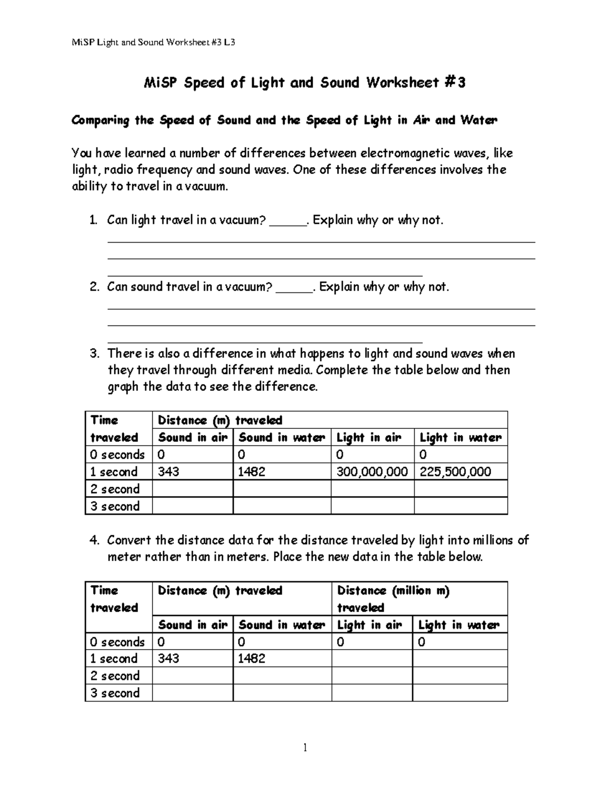 MiSP L3 Light and Sound Worksheet: Comparing Wave Speeds in Media - Studocu