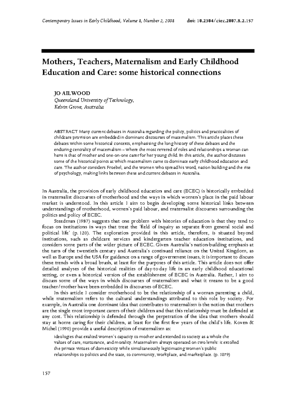 Ailwood 2007: Maternalism and Historical Contexts in ECEC - Studocu