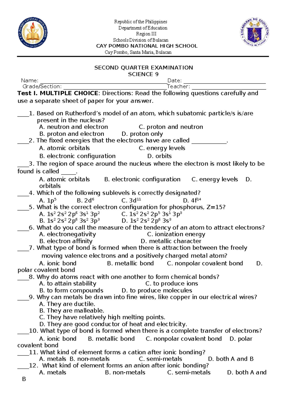 Second Quarter Exam - Science 9 (CAY POMBO NATIONAL HIGH SCHOOL) - Studocu