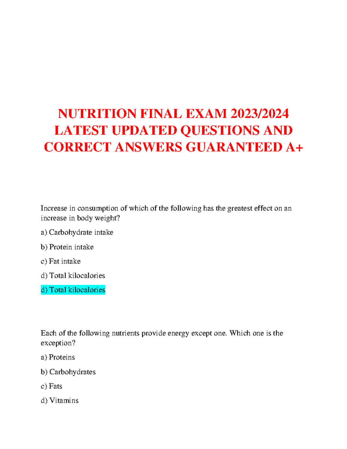 Nutrition Final Exam 2023: Key Questions and Answers for A+ Success ...