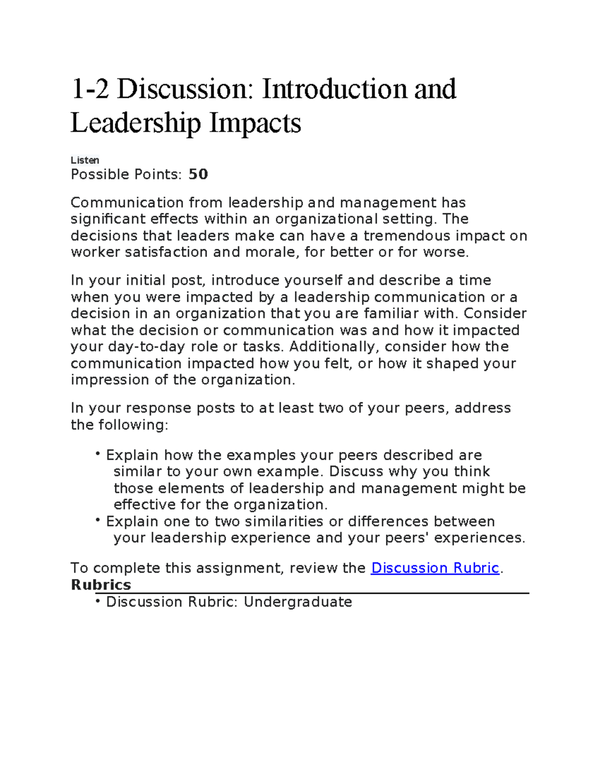 1-2 Discussion: Leadership Communication Impacts on Organizations - Studocu