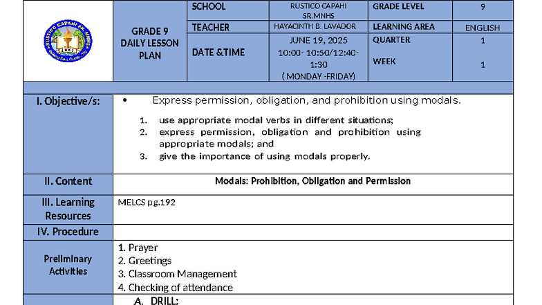 Grade 9 English Lesson Plan: Modals of Permission, Obligation ...