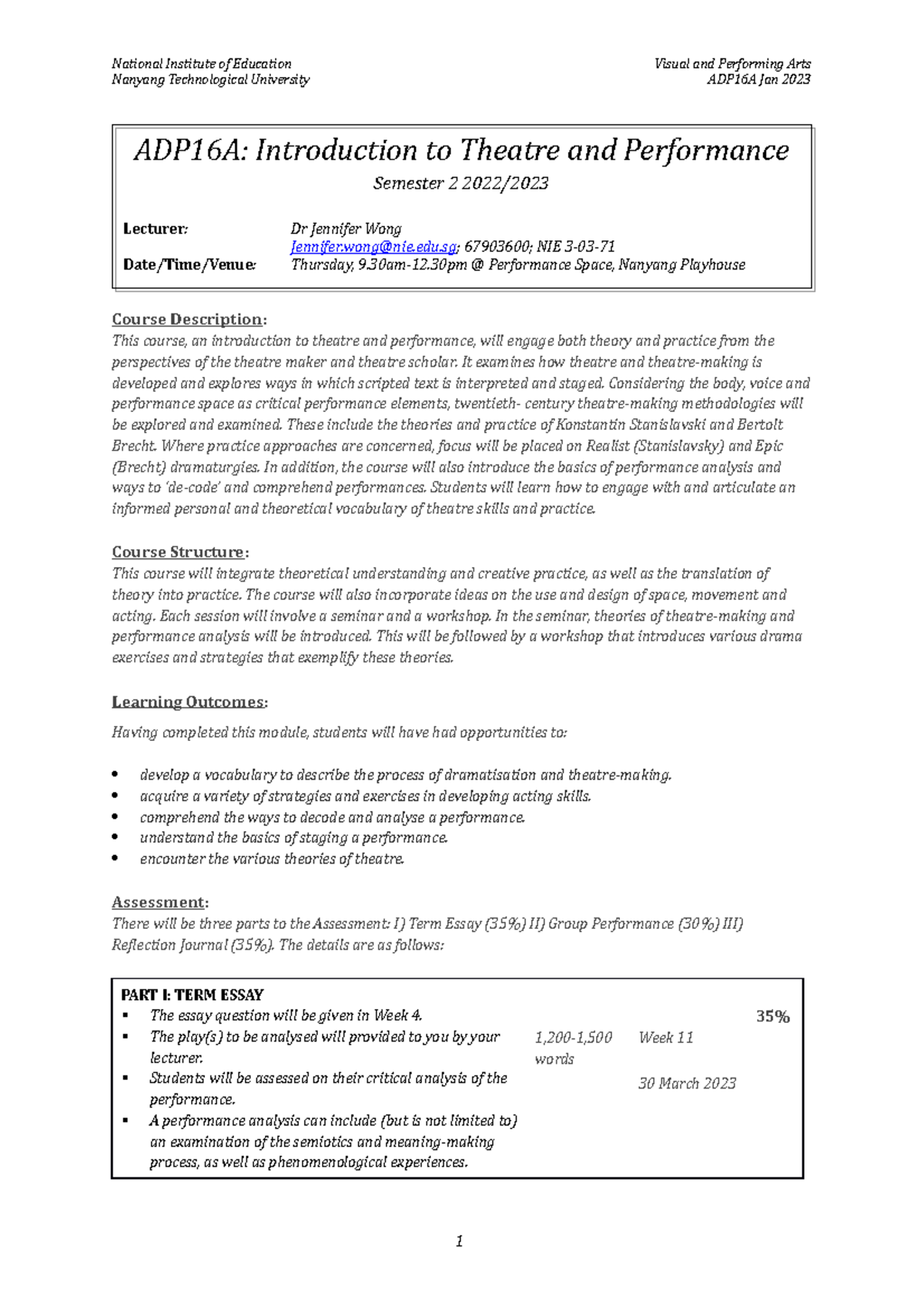 ADP16A Introduction to Theatre and Performance Course Outline - Studocu