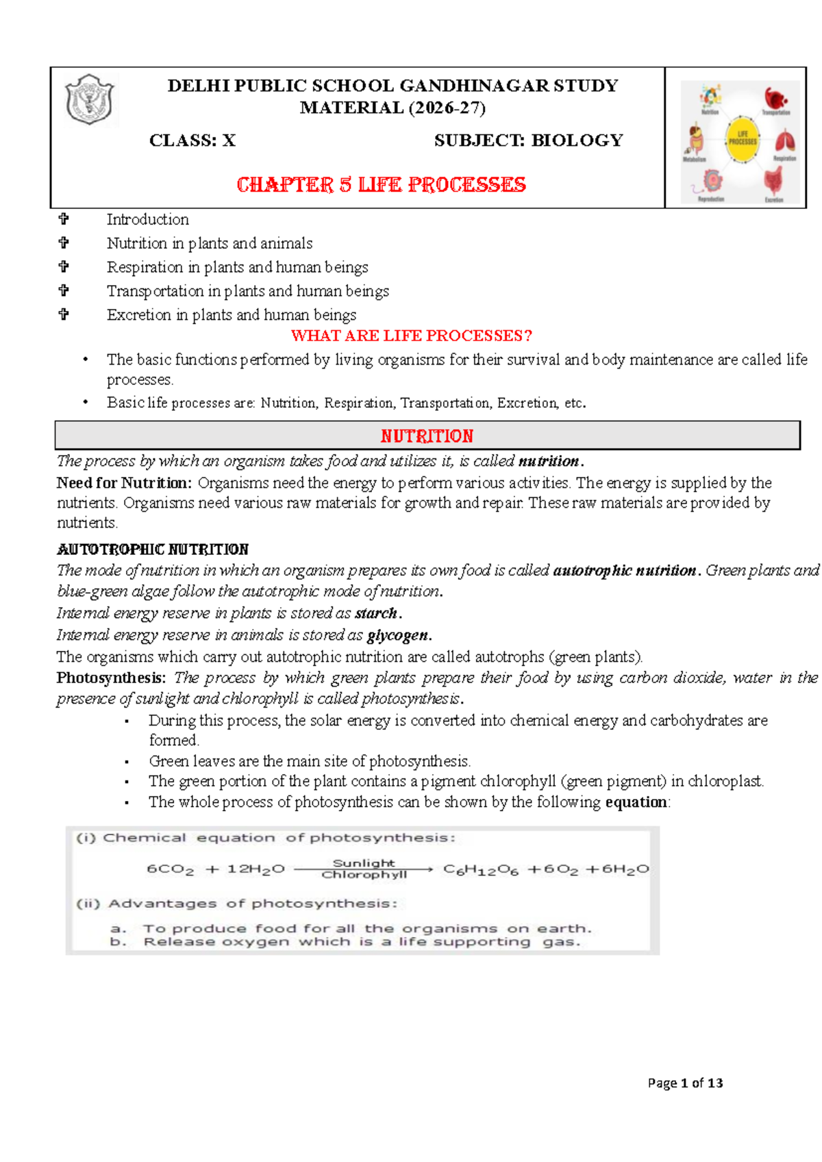 Class 10 Biology Chapter 5: Life Processes Study Material 2026-27 - Studocu