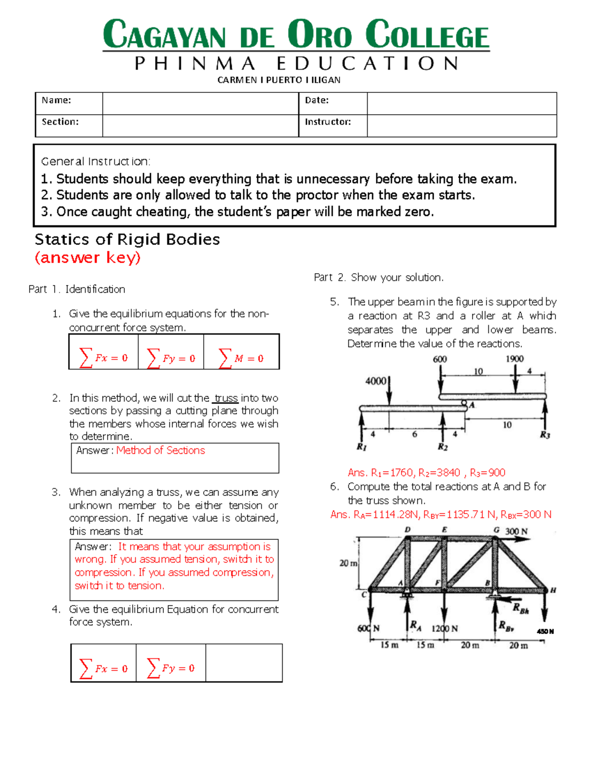 P2 Exam BES 025: Statics of Rigid Bodies Answer Key - Studocu