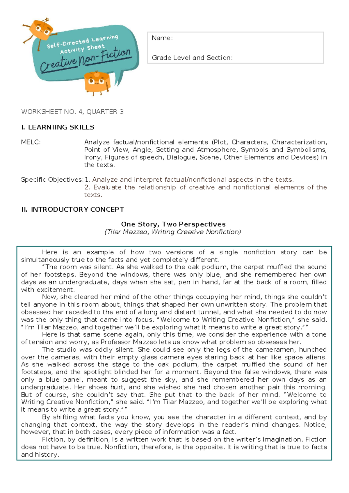 CNF LAS-4: Analyzing Creative Nonfiction Elements in Texts - Studocu