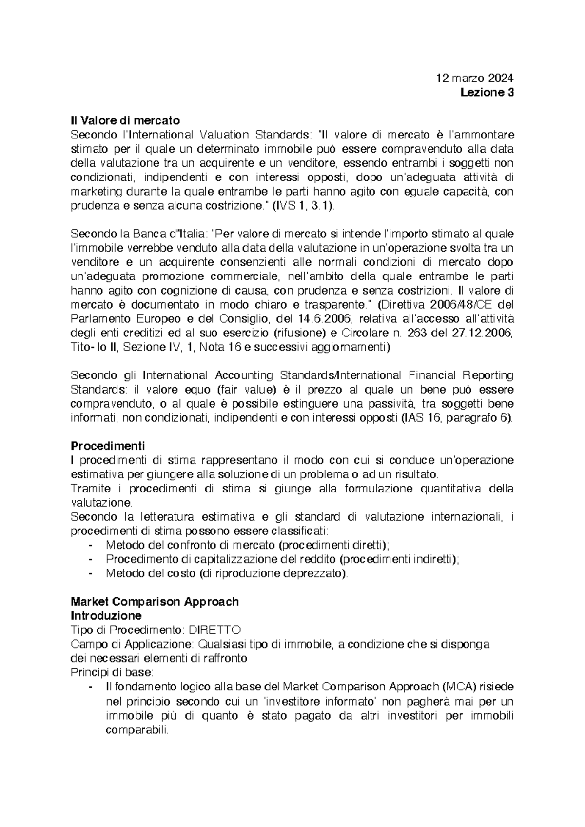 Lezione 4 - Appunti sul Valore di Mercato e Procedimenti Estimativi ...