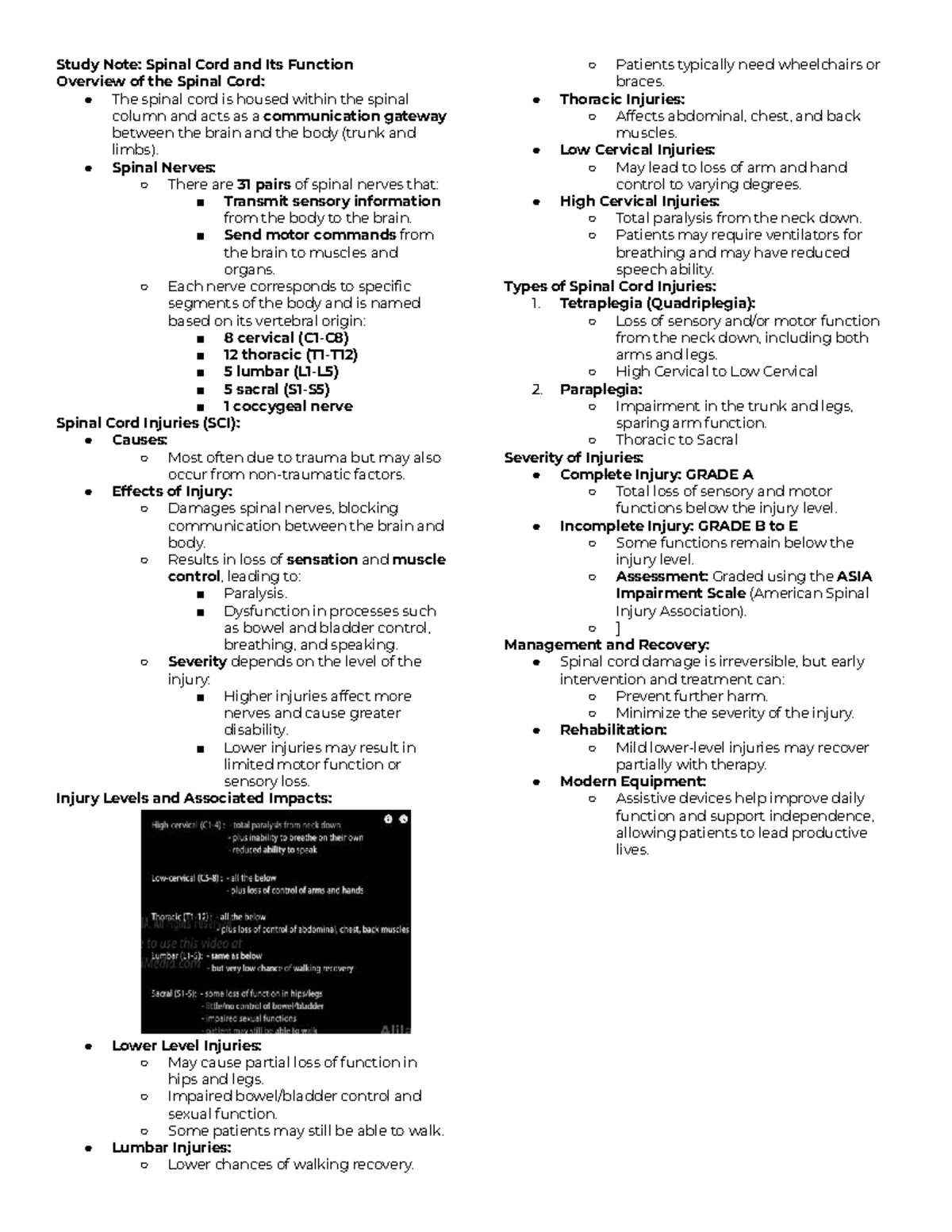 Study Note: Spinal Cord Functions & Injuries Overview - Studocu