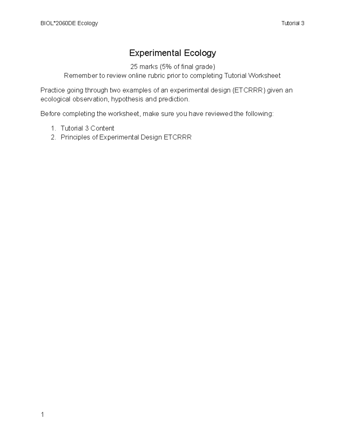 Tutorial 3 Assignment practice material for biol 2060 - Experimental ...