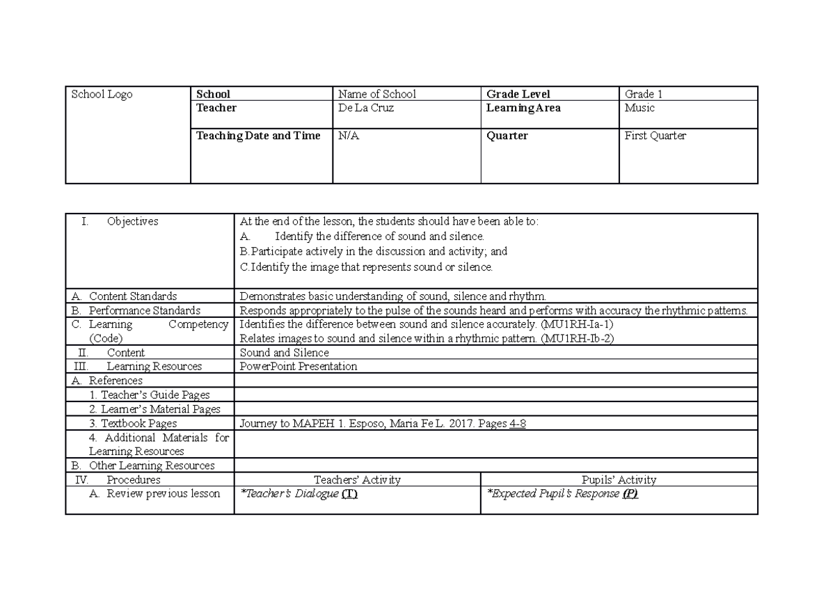 Grade 1 Music Lesson on Sound and Silence (MU1RH-Ia-1, MU1RH-Ib-2 ...