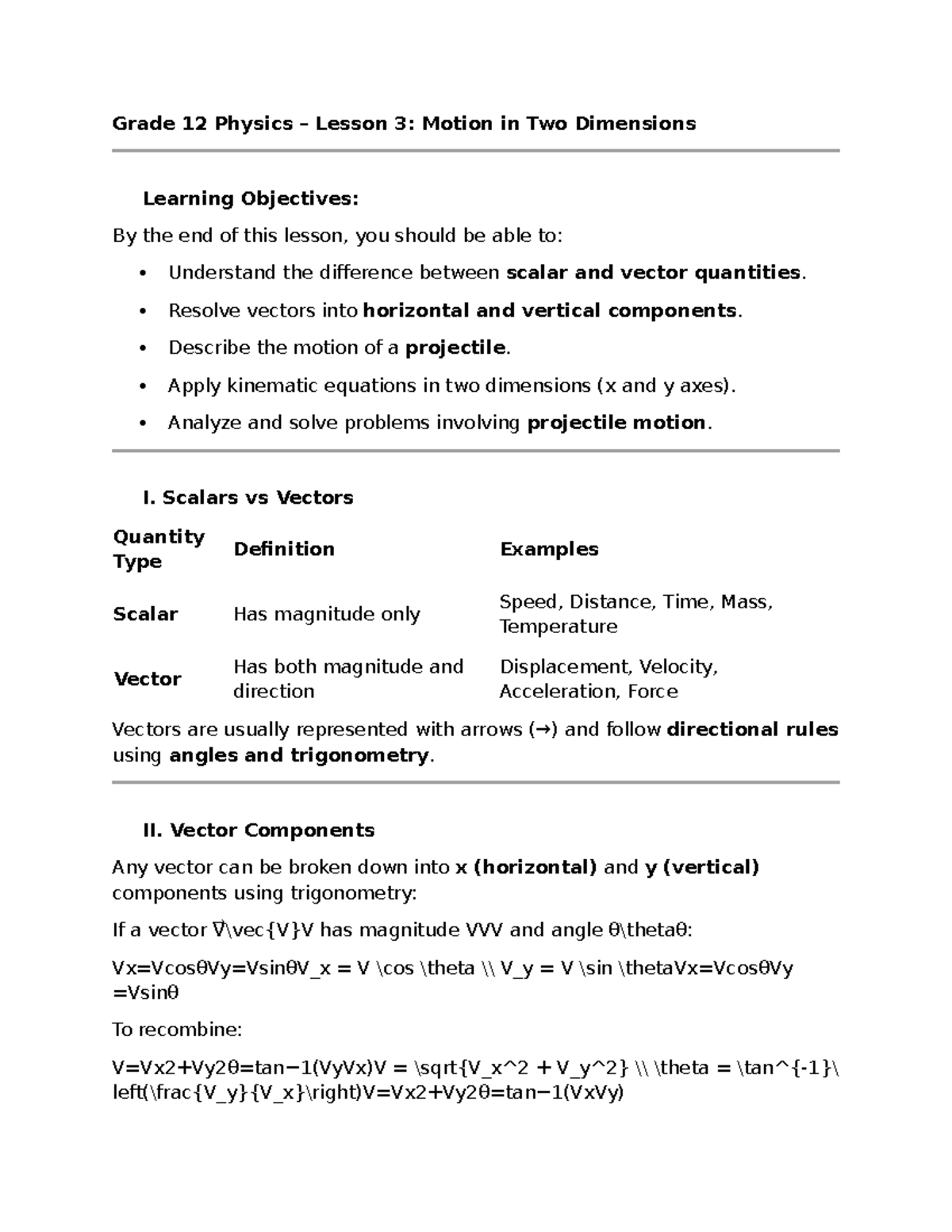 Grade 12 Physics Lesson 3: Motion in Two Dimensions Overview - Studocu