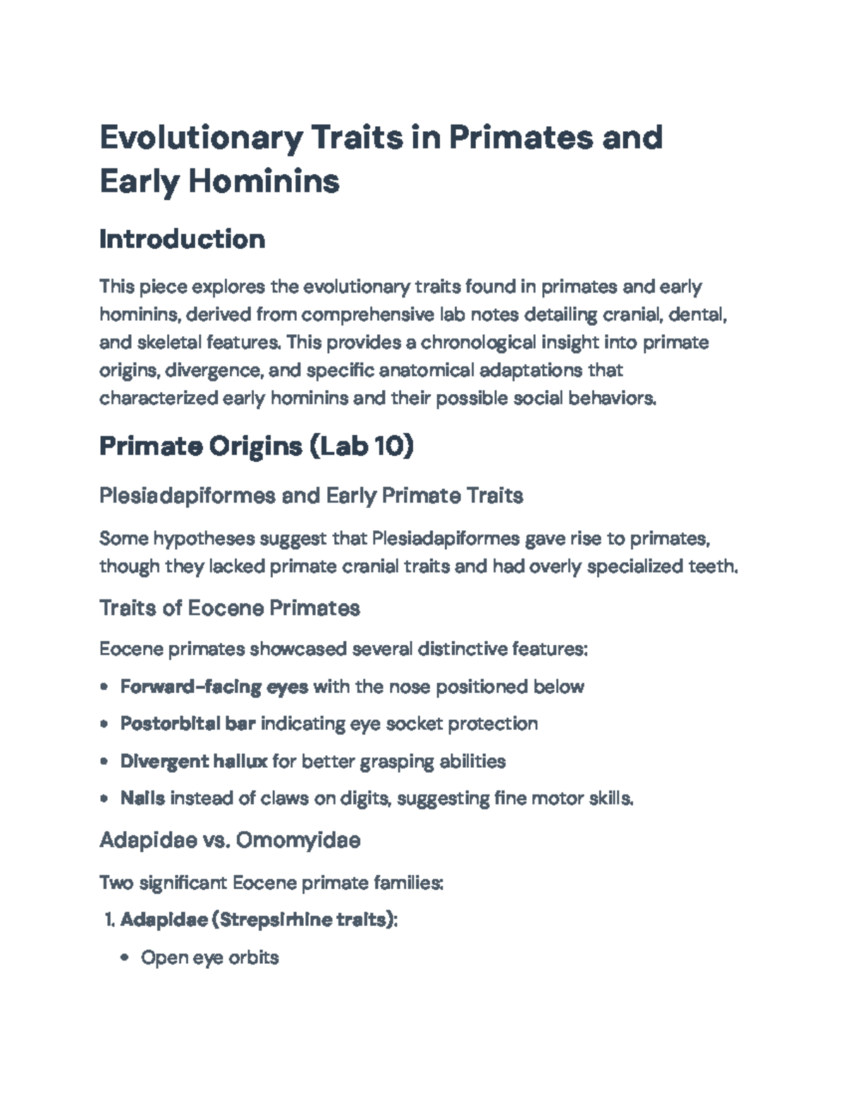Evolutionary Traits in Primates and Early Hominins (BIO 101 Lab ...