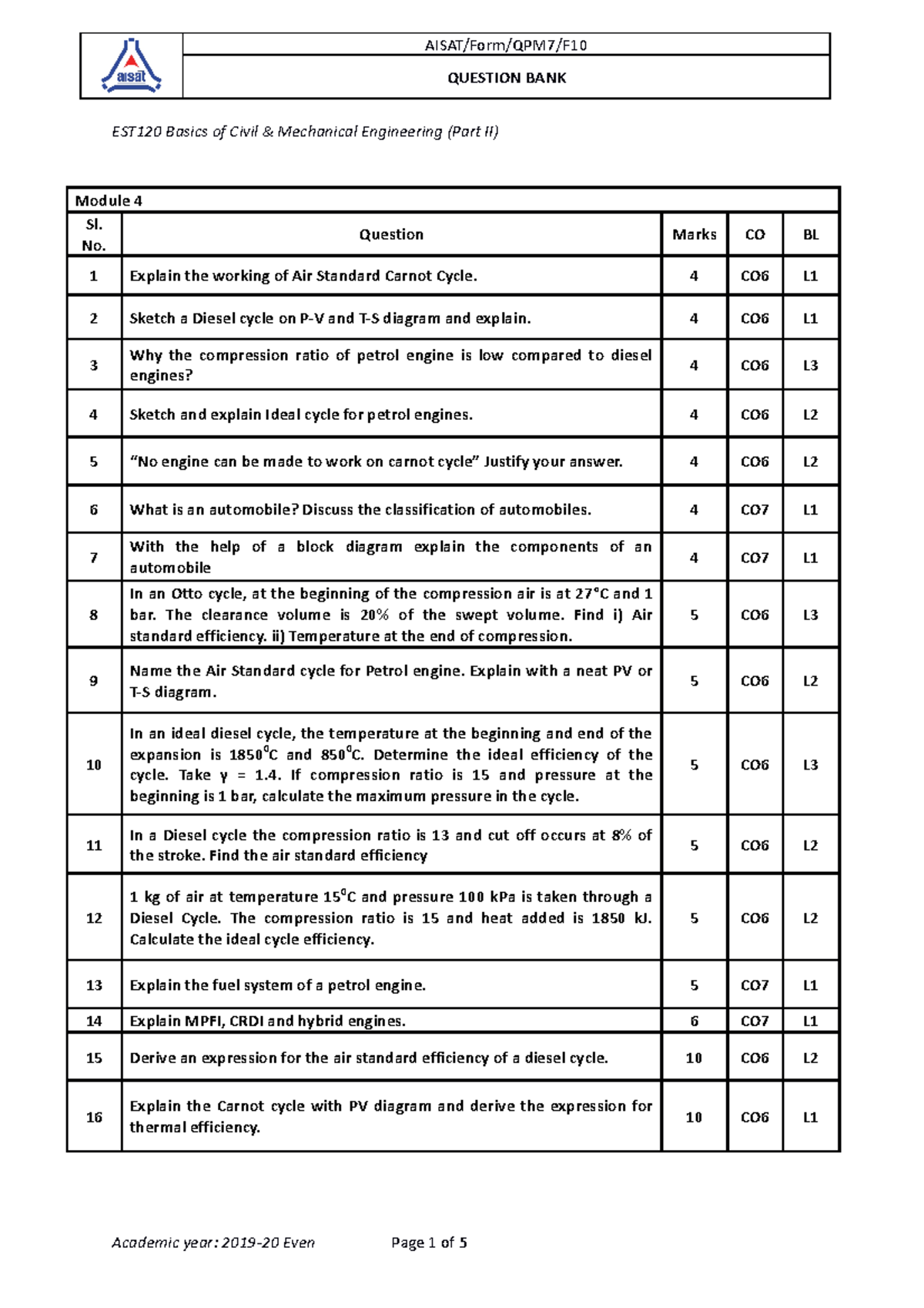 Question Bank BME EST 120 - QUESTION BANK EST120 Basics of Civil ...