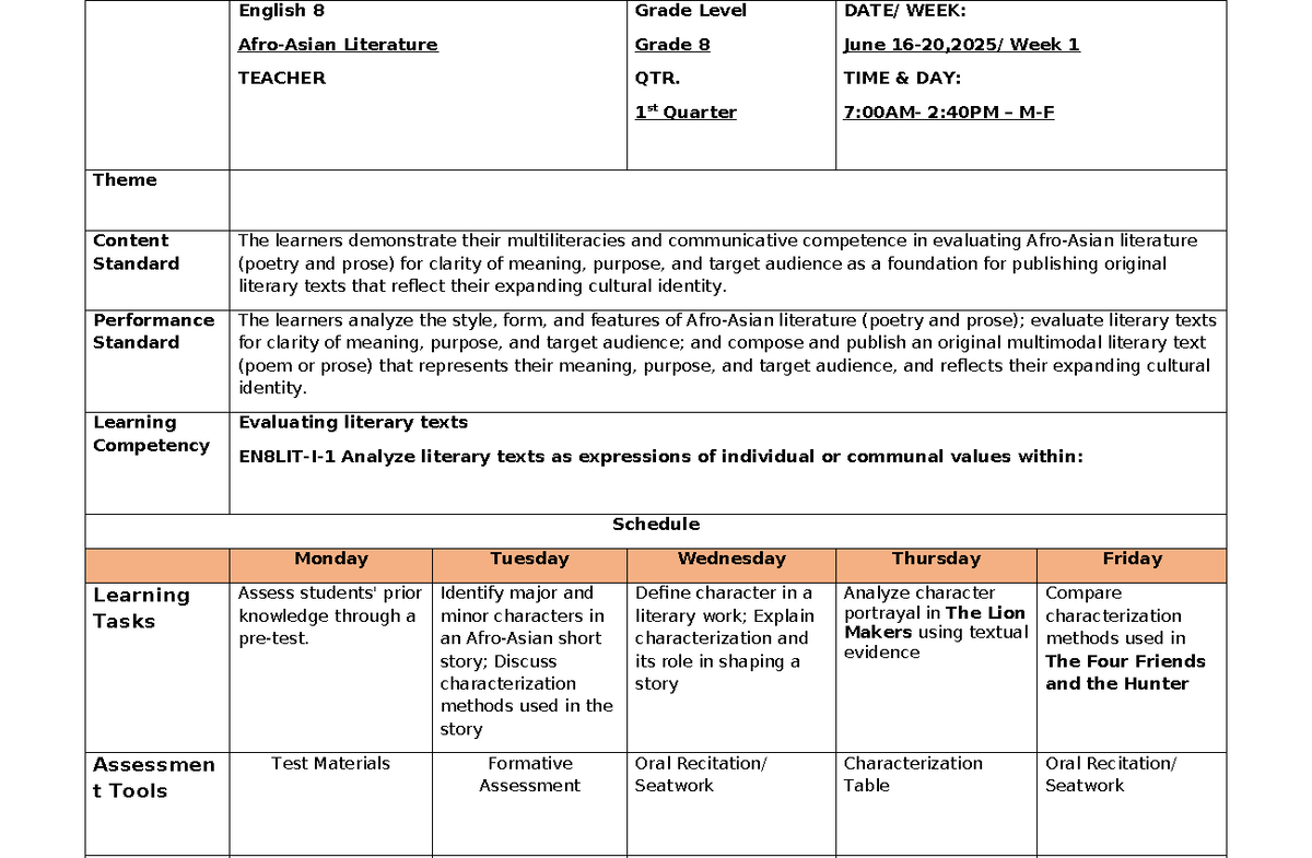 English 8 Curriculum Plan: Literature Week 1 (Q1) - Studocu