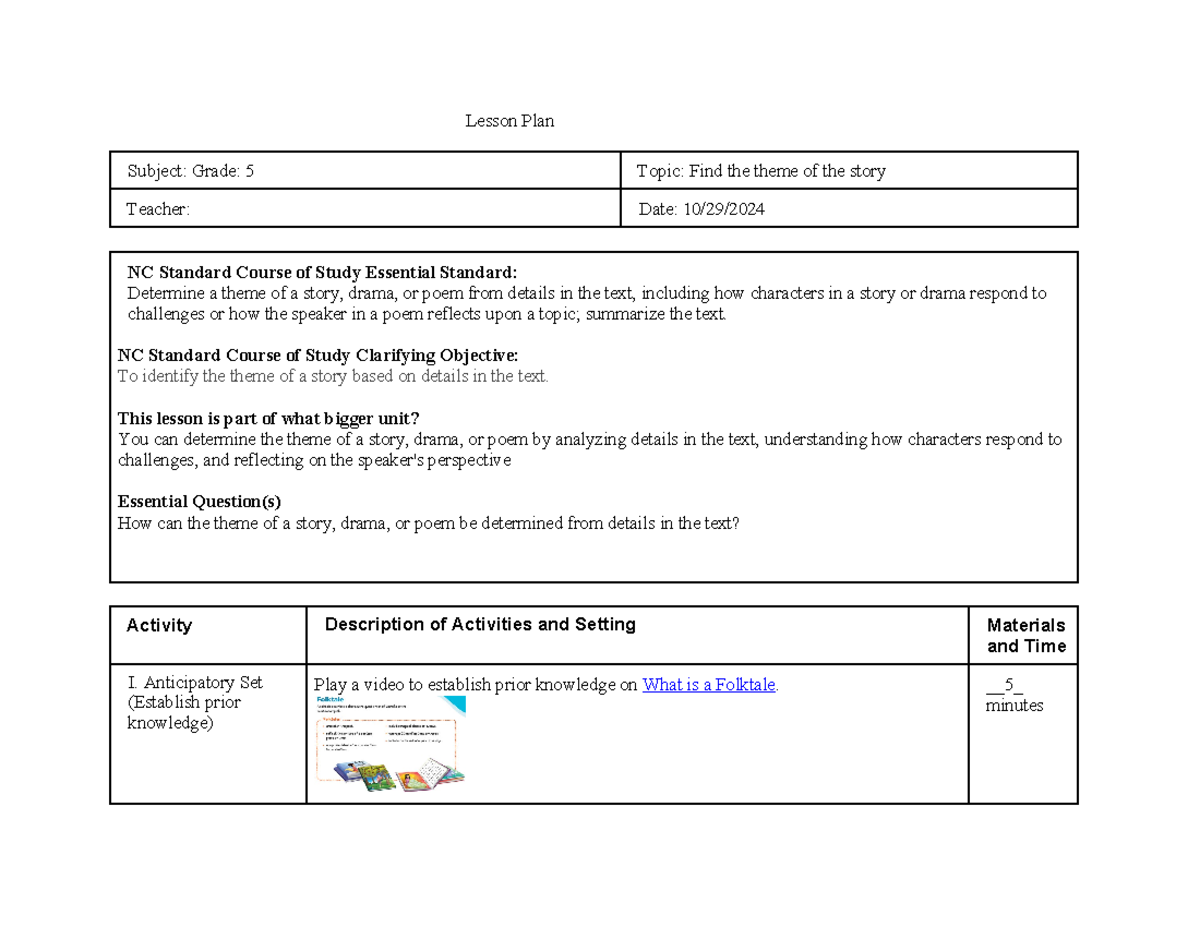 Lesson Plan -Theme - Lesson Plan Subject: Grade: 5 Topic: Find the ...