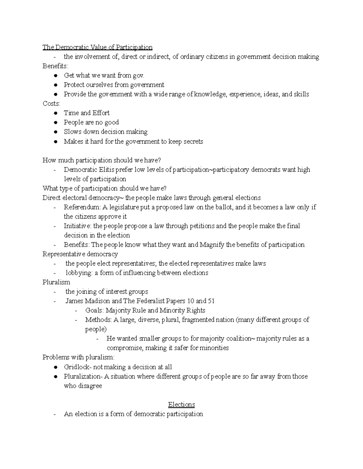 GOVT 2305 Final Exam Notes: The Democratic Value of Participation - Studocu