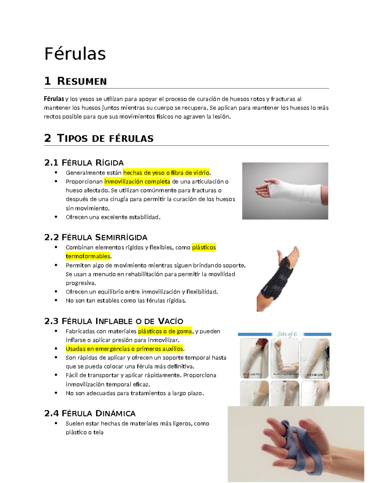 Tipos de Férulas y su Aplicación en Fracturas y Lesiones - Studocu