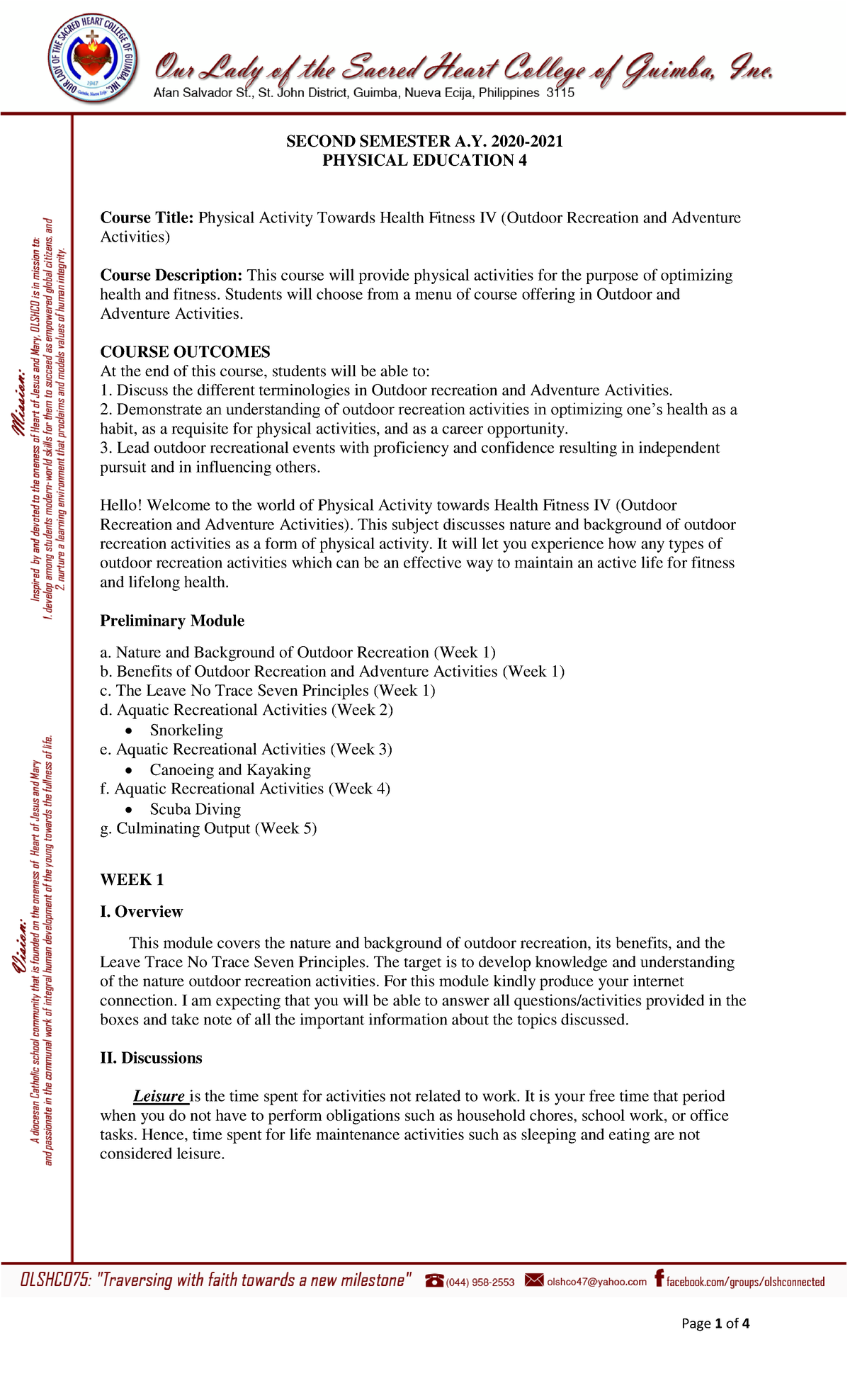 Physical Education 4: Module PE4 Week 1 - Outdoor Recreation Basics ...