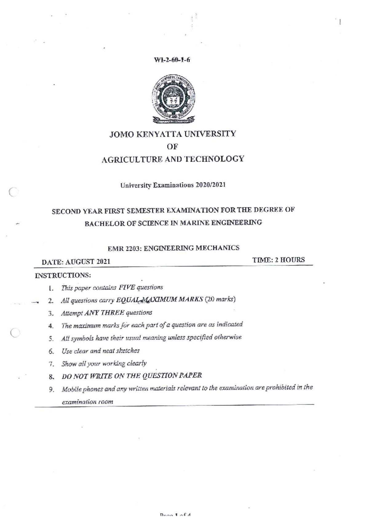 EMR 2203: Engineering Mechanics Final Exam - August 2021 - Studocu