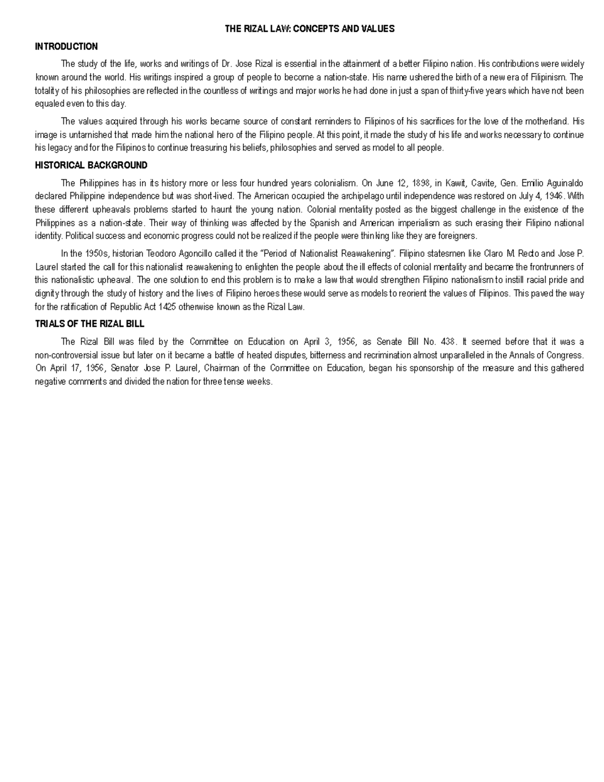 Rizal Law (Republic Act 1425): Concepts, Values, and Historical Impact ...