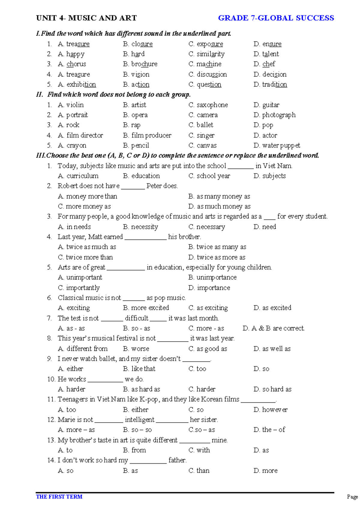 UNIT 4 - Music and Art Grade Success I: Sound and Vocabulary Exercises ...