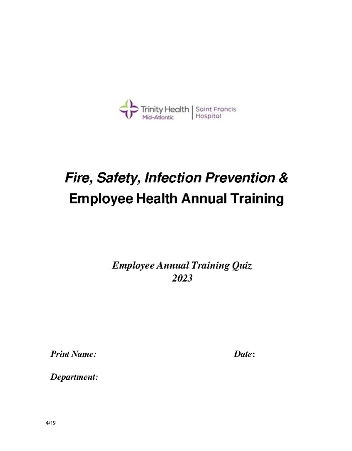 Employee Health Fire Safety & Infection Prevention Quiz 2023 - Studocu