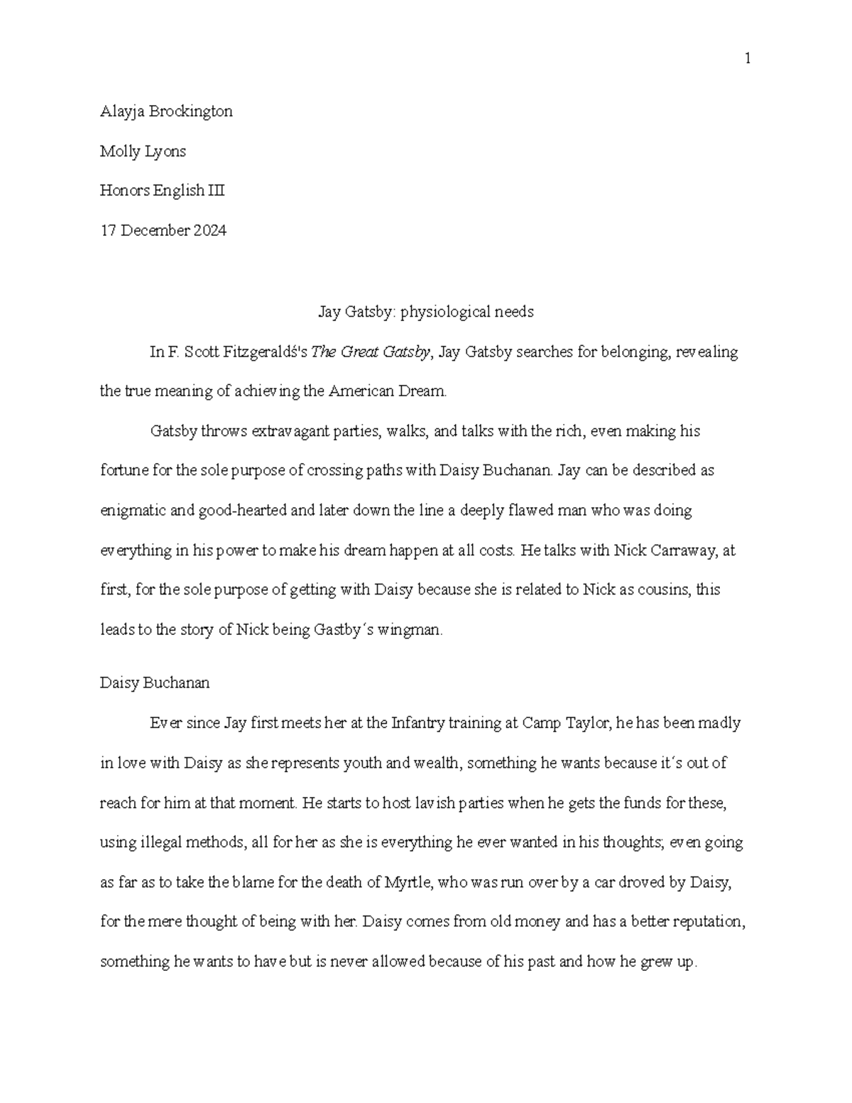 Report of Jay Gastby - Alayja Brockington Molly Lyons Honors English ...