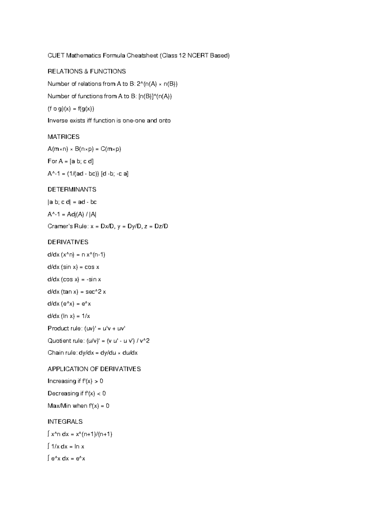 CUET Mathematics Formula Cheatsheet (Class 12 NCERT) - Studocu