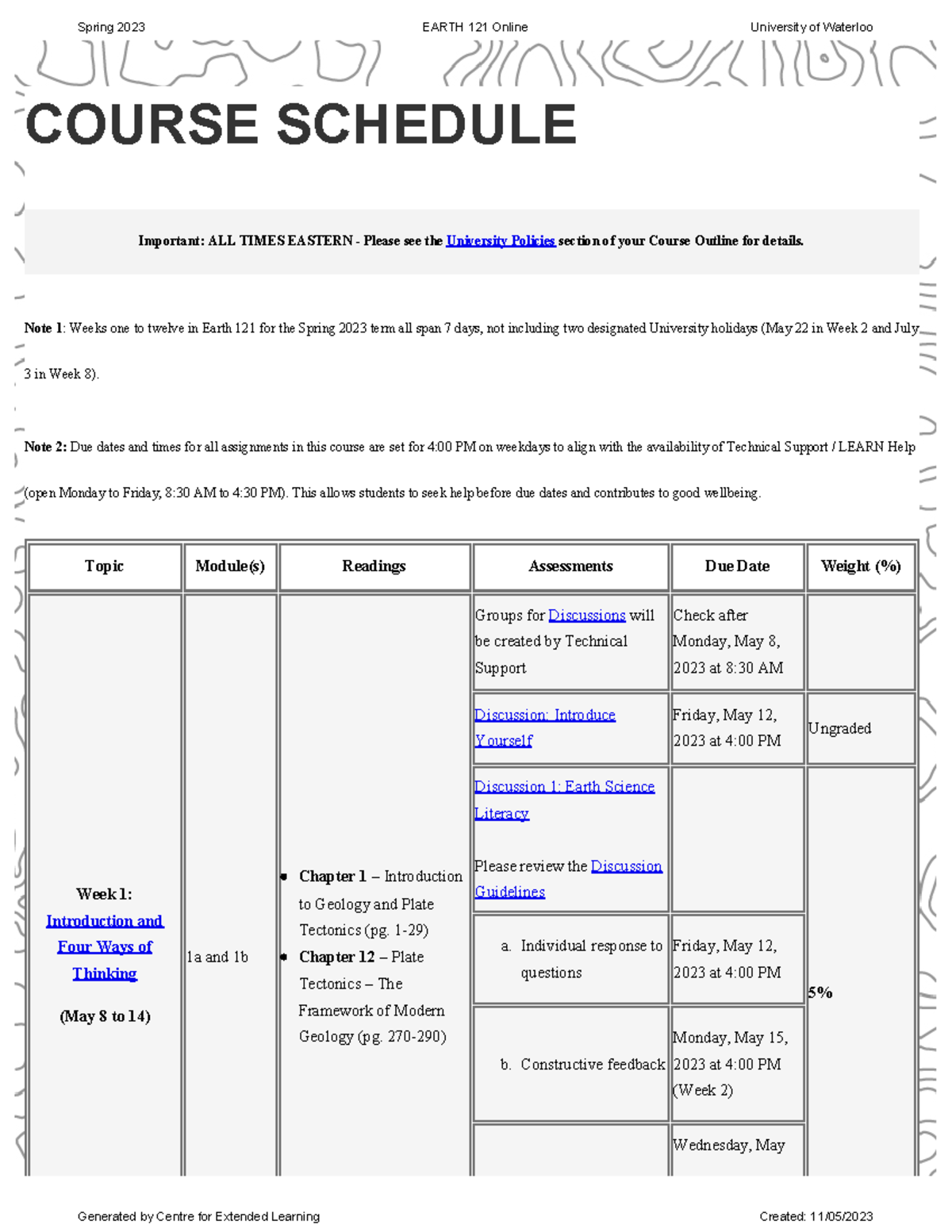 Course Outline for EARTH 121: Spring 2023 Semester Schedule - Studocu