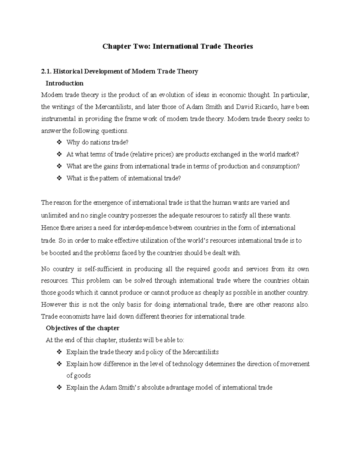 Chapter 2: Theories of International Trade in Economics - Studocu