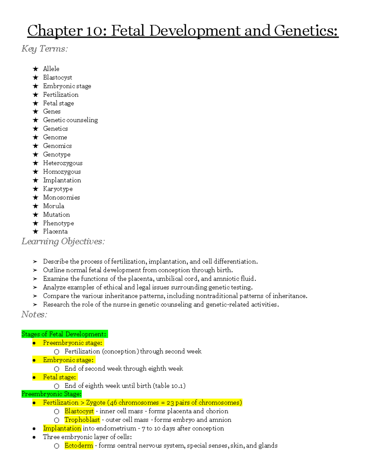 Chapter 10 Notes: Fetal Development and Genetics Overview - Studocu
