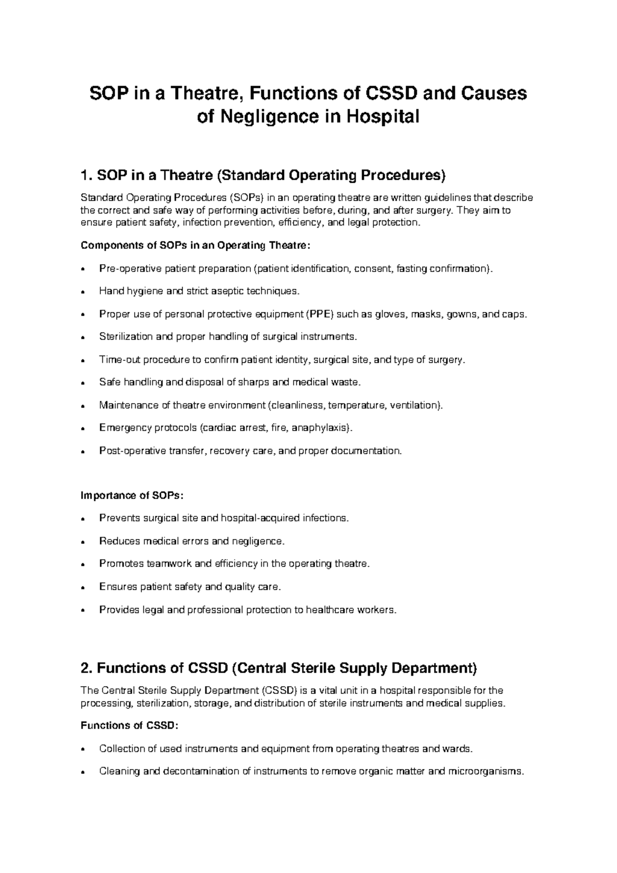 SOP in Theatre & CSSD Functions: Ensuring Patient Safety - Studocu