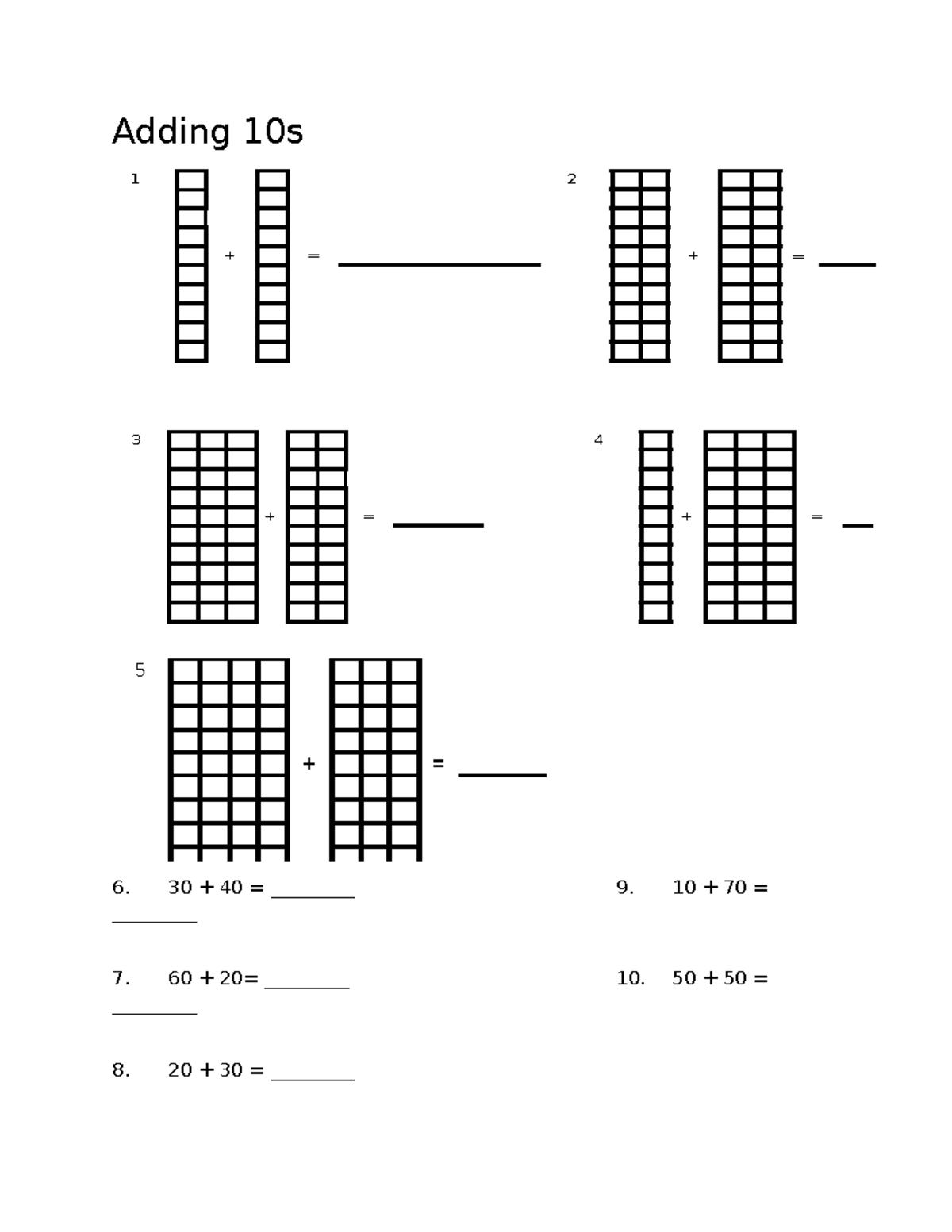 Assessment and Answer key - C109 - Adding 10s 1 2 + = + = 3 4 + = + = 5 ...