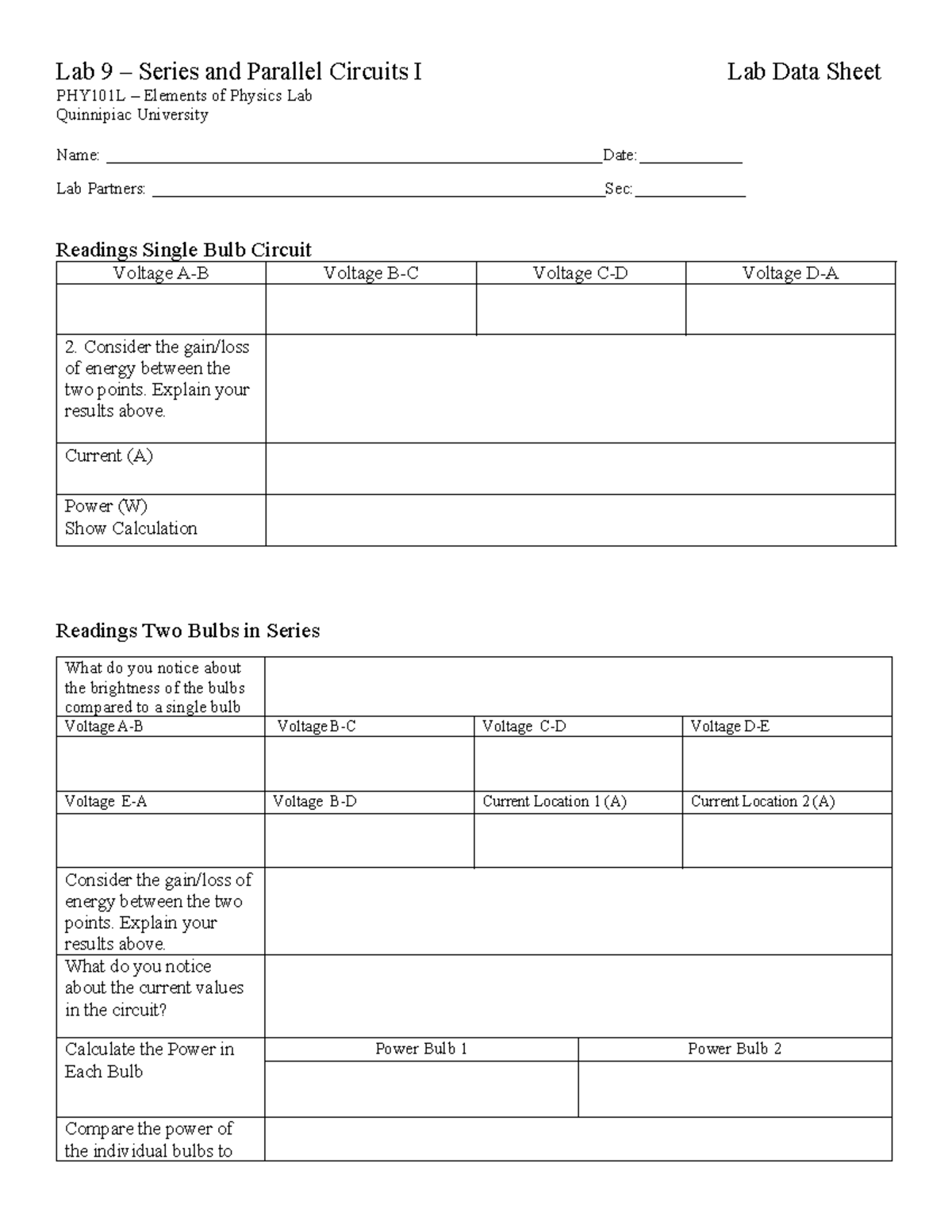 Phy101L - Lab 9 - Series and Parallel I Lab Data Sheet - Lab 9 – Series ...