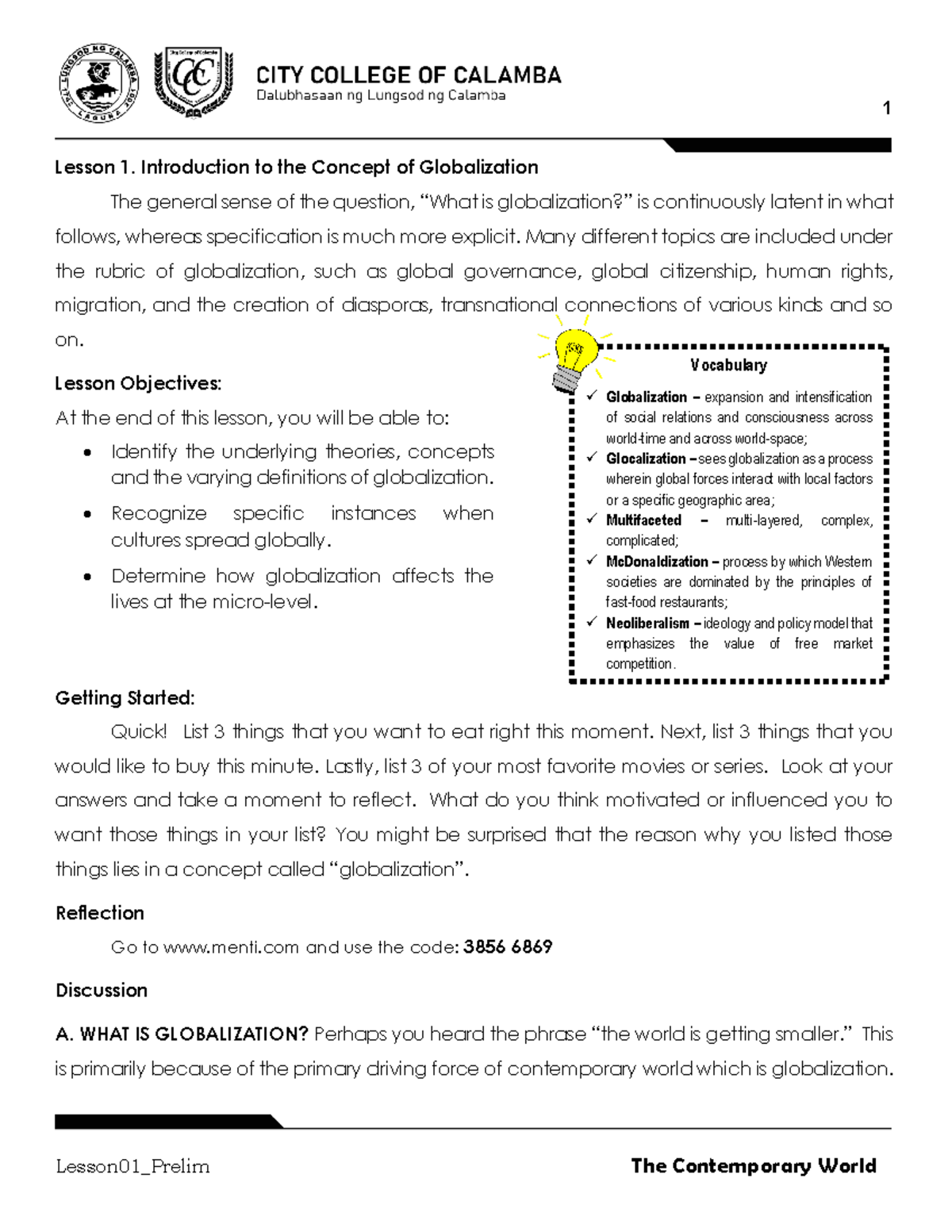 Lesson 1: Understanding Globalization Concepts and Theories (CW 101 ...