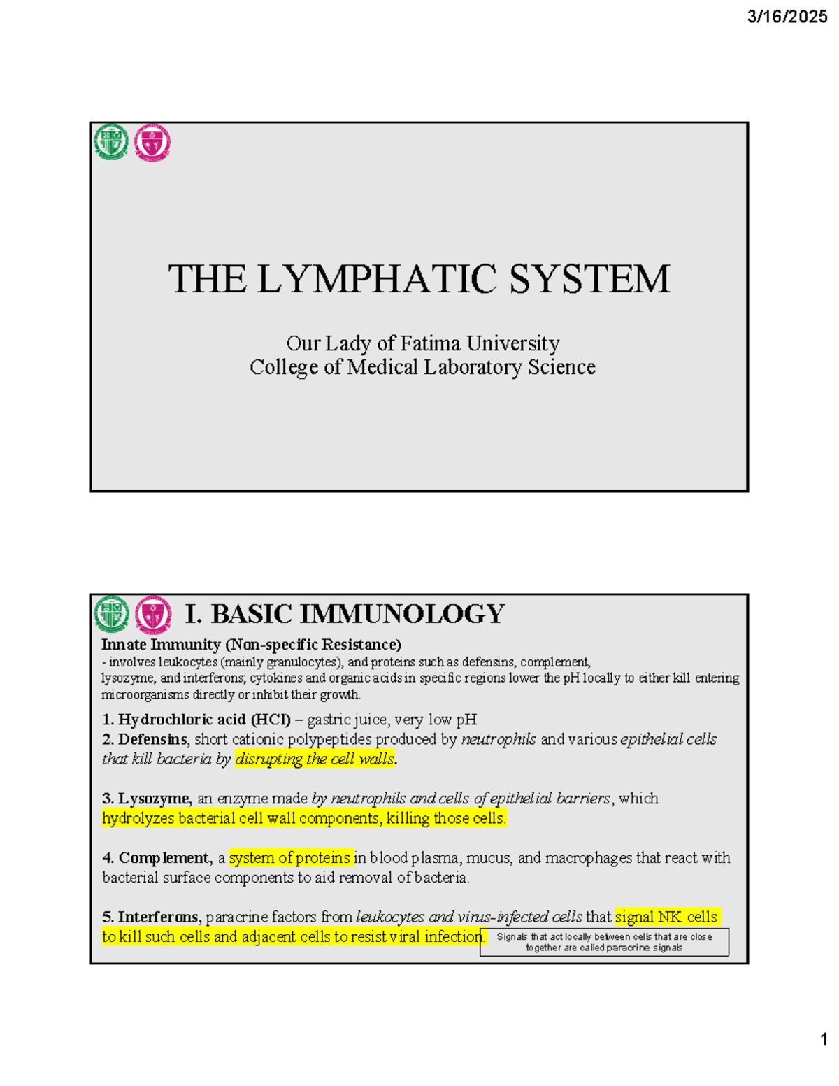 BLS 101: The Lymphatic System - Basic Immunology Overview - Studocu