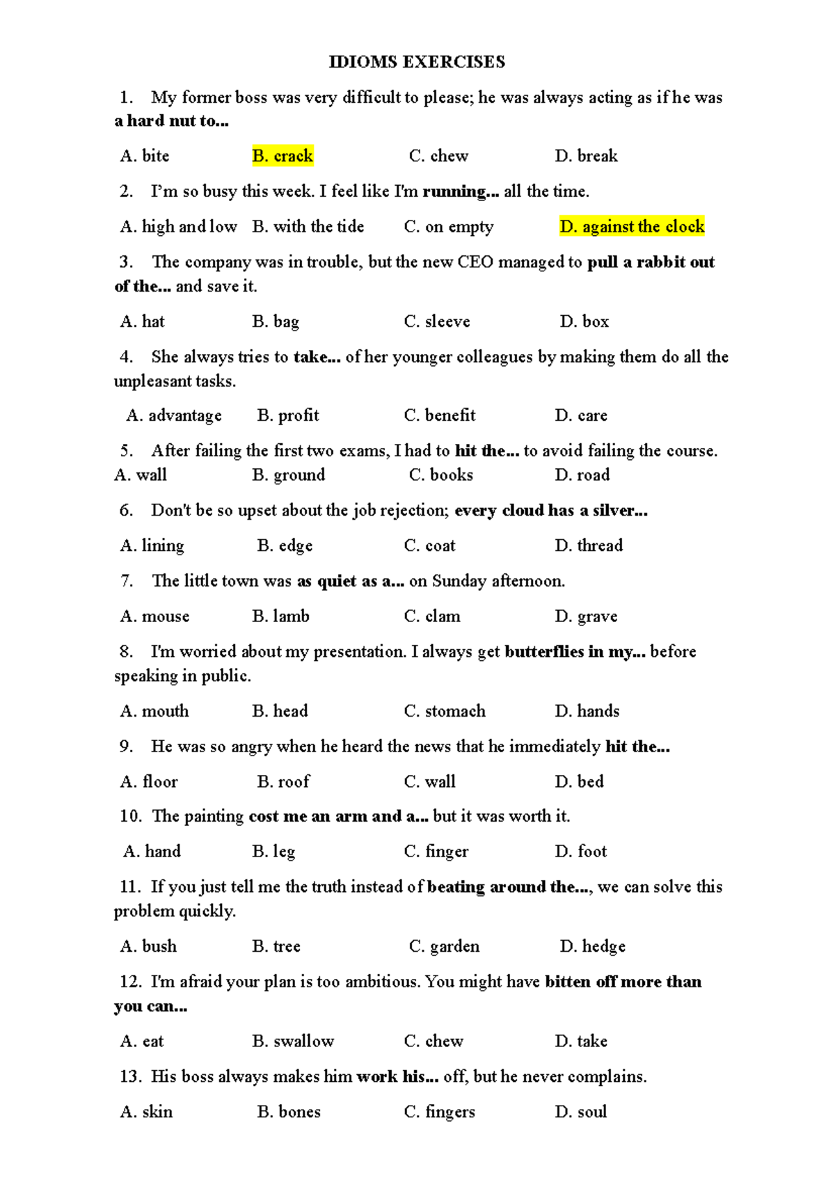 Idioms Exercises - HSG11-2526: Contextual Meaning Practice - Studocu