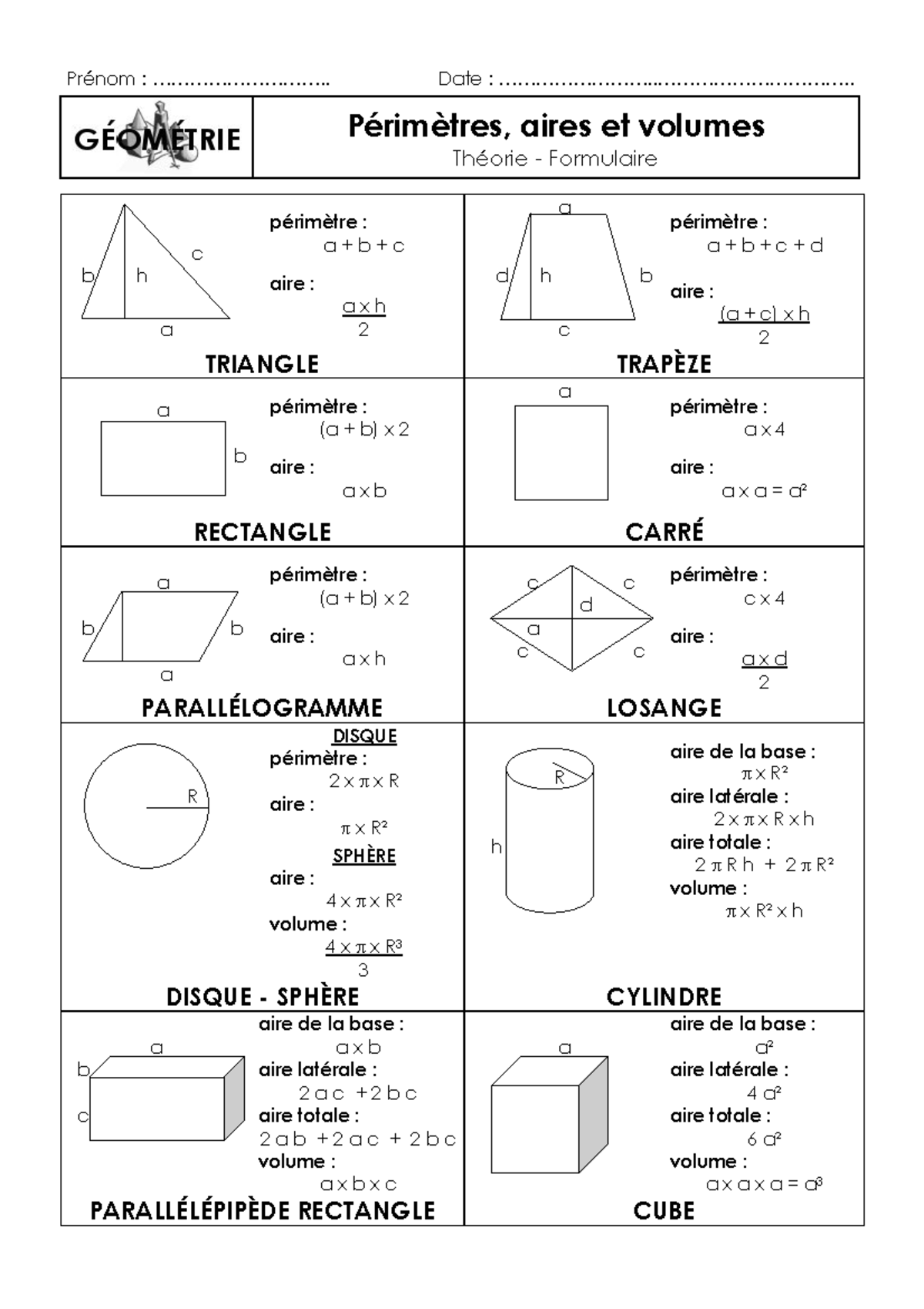 Formules de Périmètres, Aires et Volumes - Mathématiques 01 - Studocu