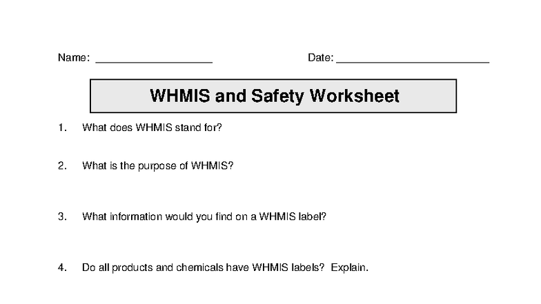 Grade 8 WHMIS Safety Worksheet and Guidelines - Studocu