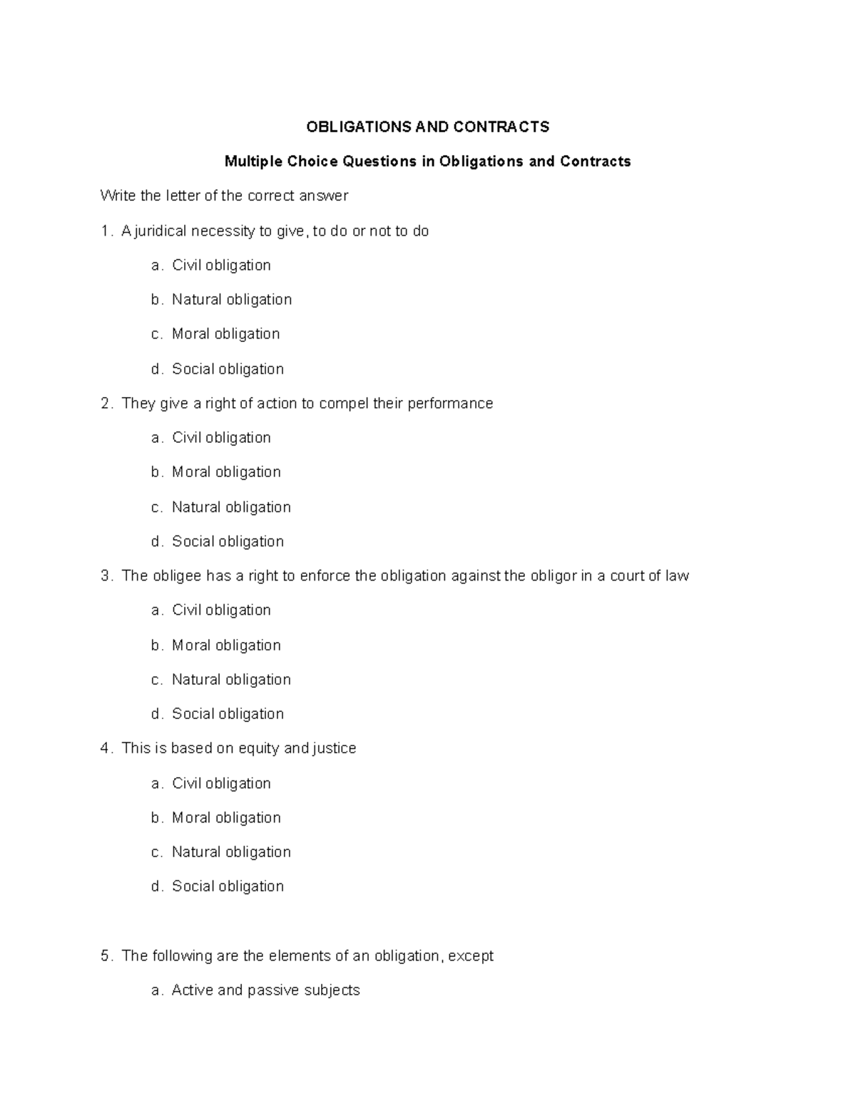 Obligations & Contracts Quiz: Test Bank 1 for OBLIG 101 - Studocu
