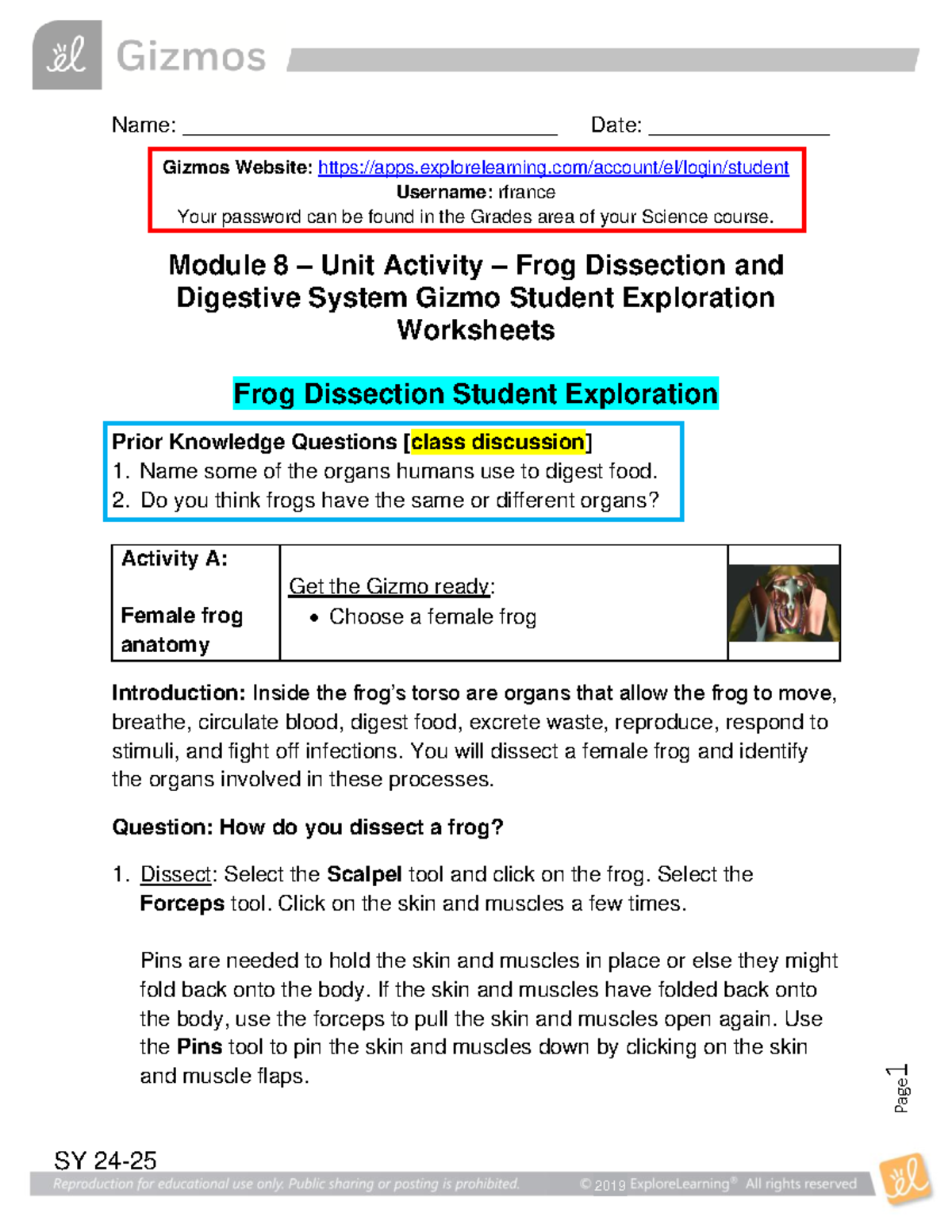 Module 8: Frog Dissection & Digestive System Gizmo Exploration ...