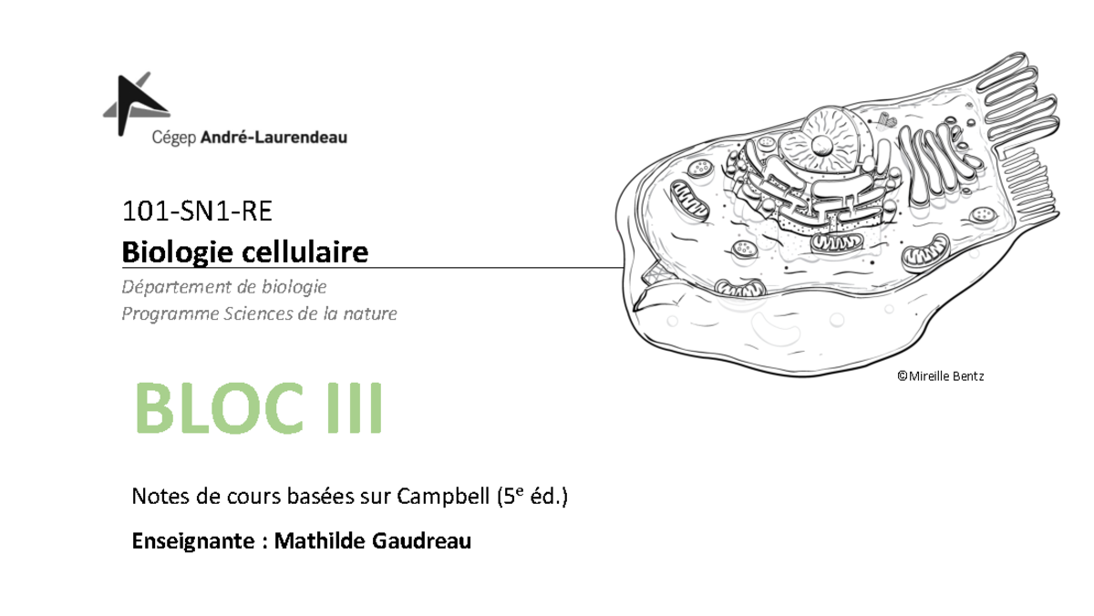 101-SN1-RE A24 Biologie Cellulaire: Notes de Cours sur la Synthèse des ...